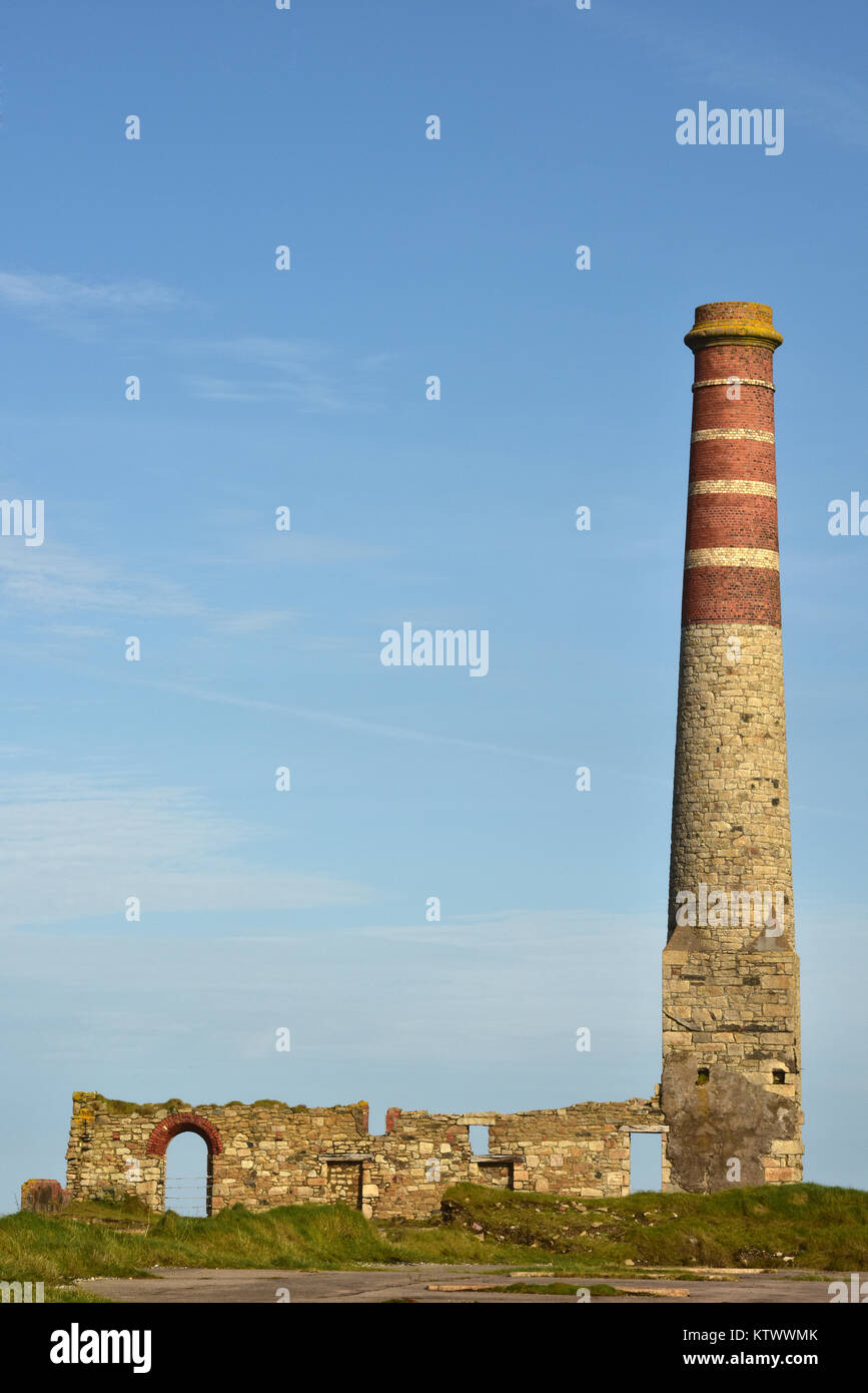 The chimney stack on an old engine house at the Levant Cornish tin mine ...