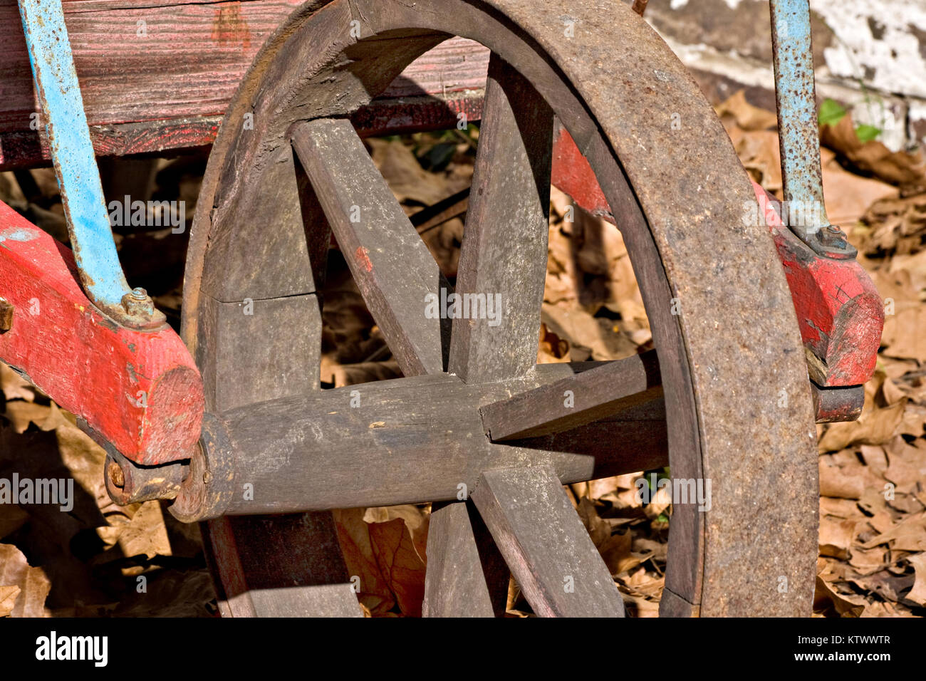 A closeup of an old wheelbarrow wheel in Allaire Village, New Jersey ...