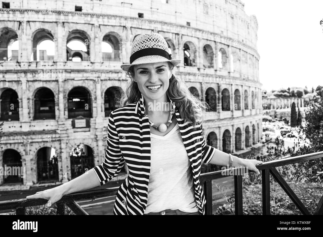 Happy woman tourist in front Black and White Stock Photos & Images - Alamy