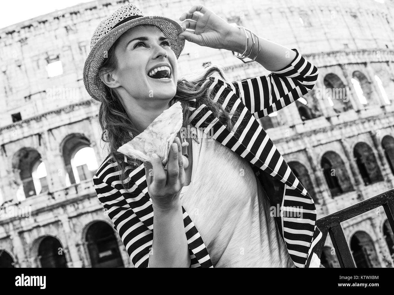 Roman Holiday. happy trendy tourist woman in Rome, Italy with pizza ...