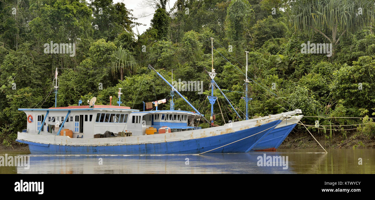 Indonesian traditional merchant ship on the river. New Guinea Island ...