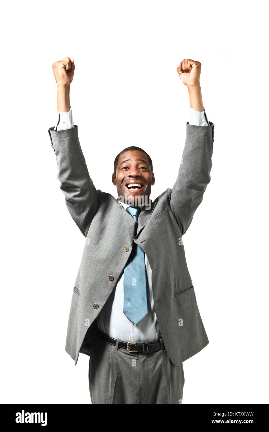 Exulting businessman over white background Stock Photo - Alamy