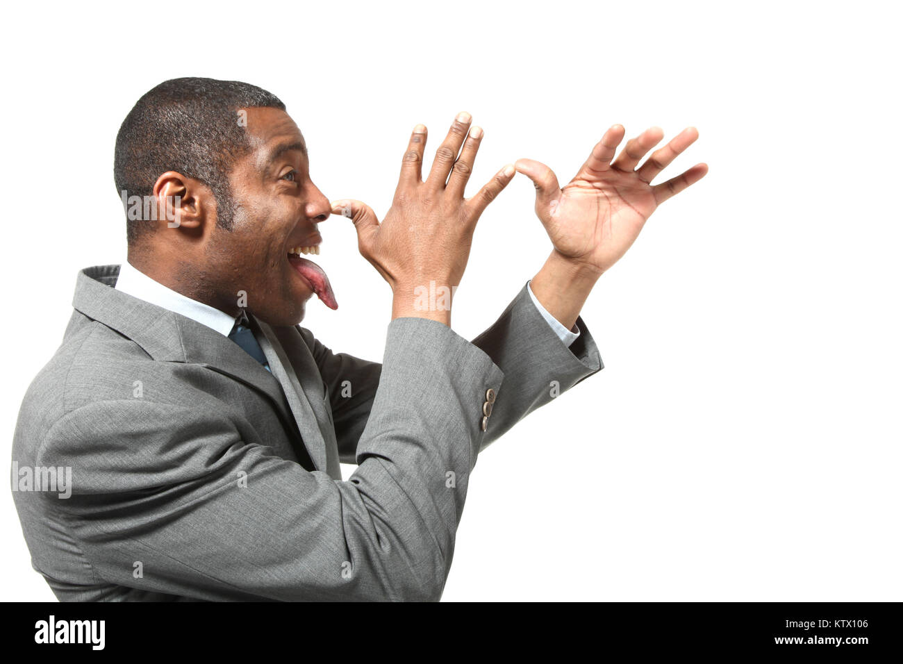 black man joking over white background Stock Photo - Alamy