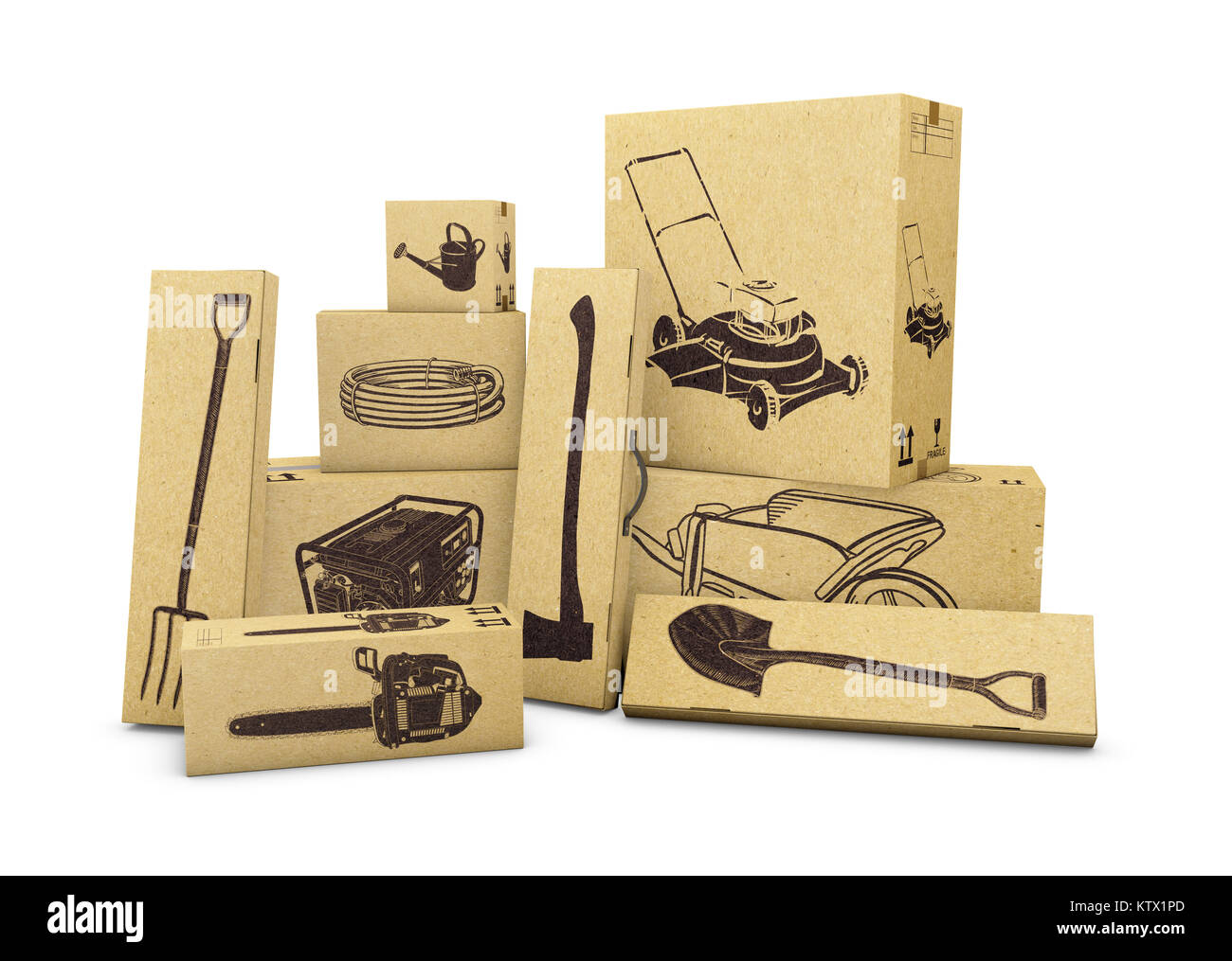 Gardening tools in carboard boxes isolated on white. E-commerce ...