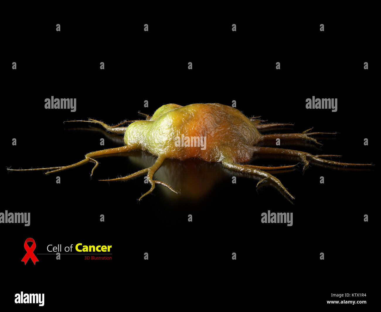 Close-up view of a cancer cell, isolated black background. 3d ...
