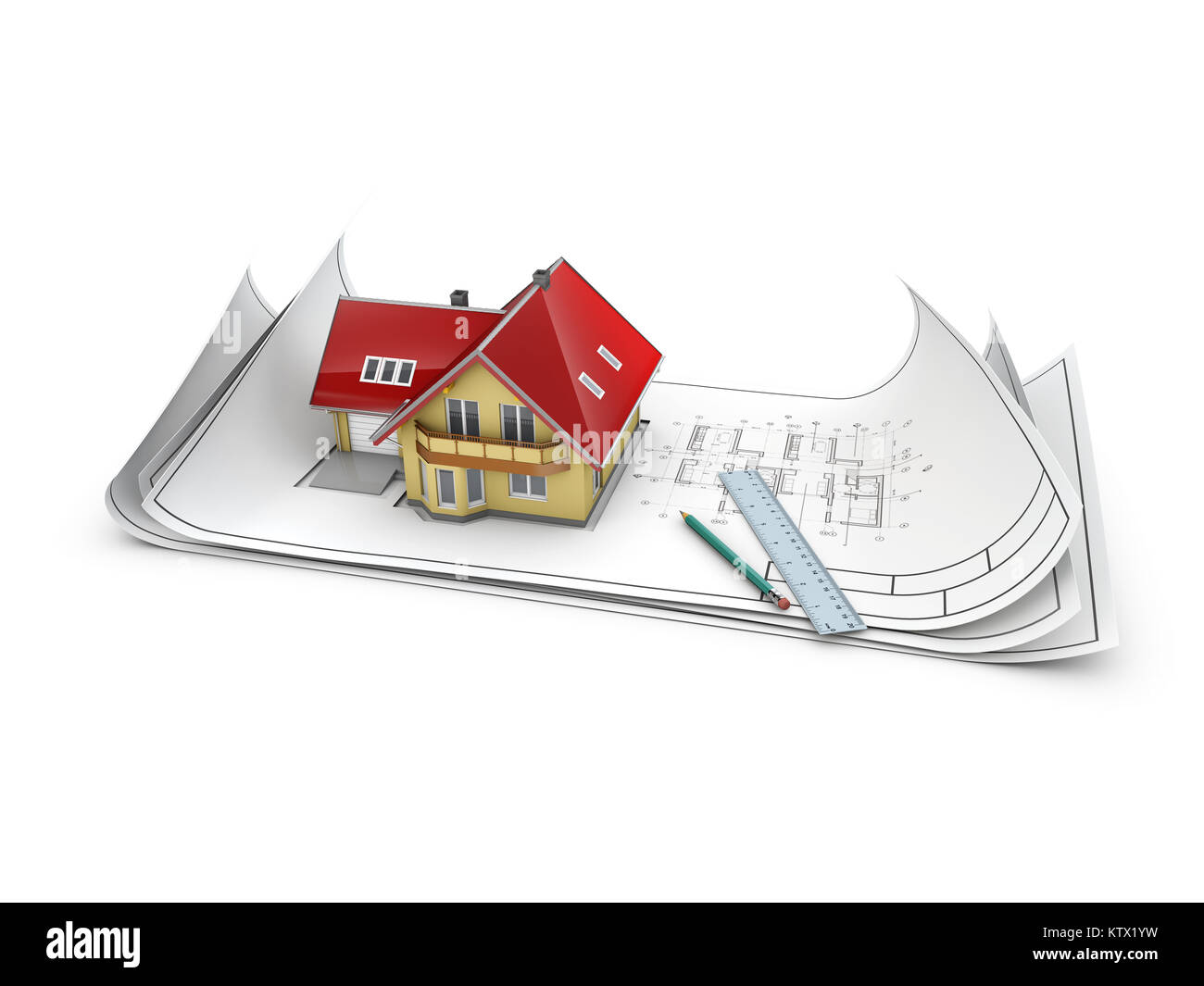 3d Illustration of Top view of architect drawing on architectural ...
