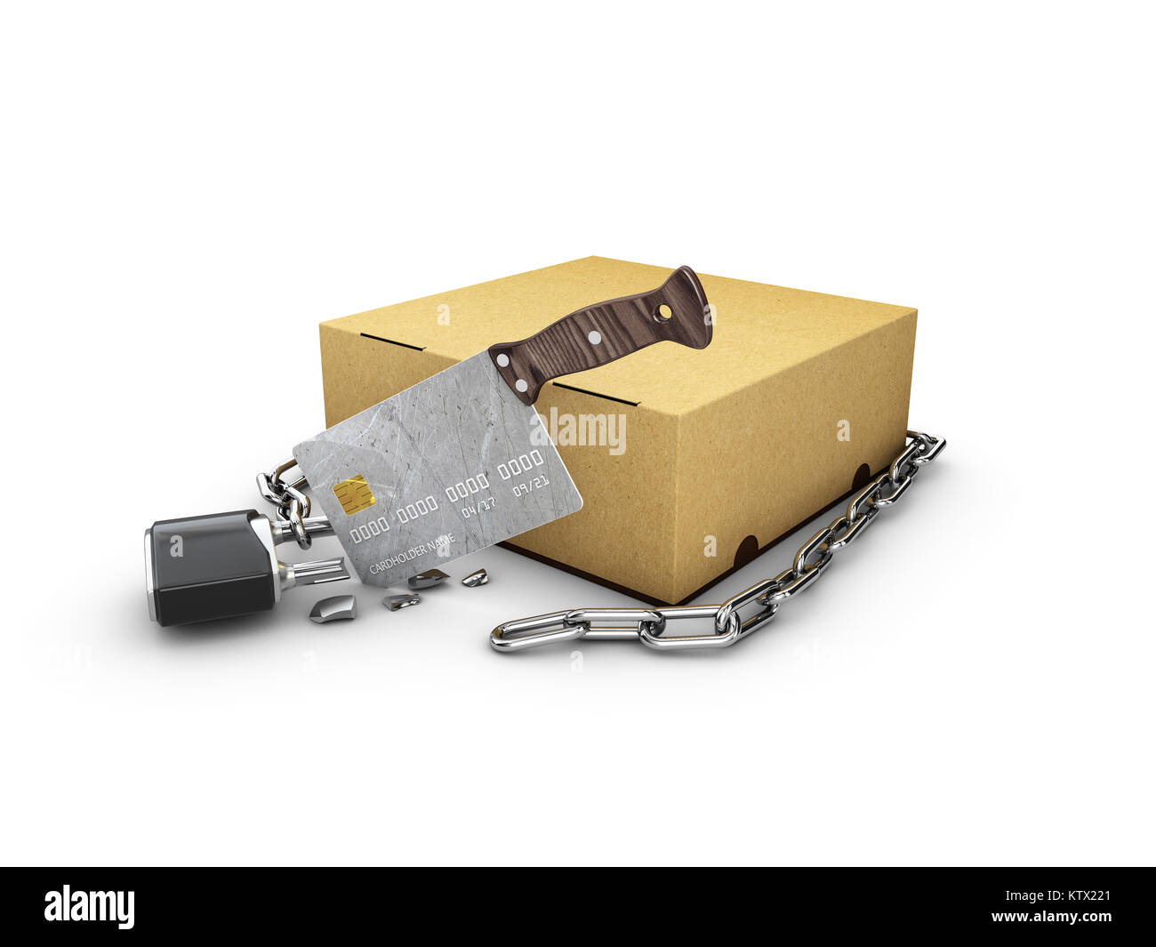 3d Illustration of credit card in the form of a machete broken padlock ...