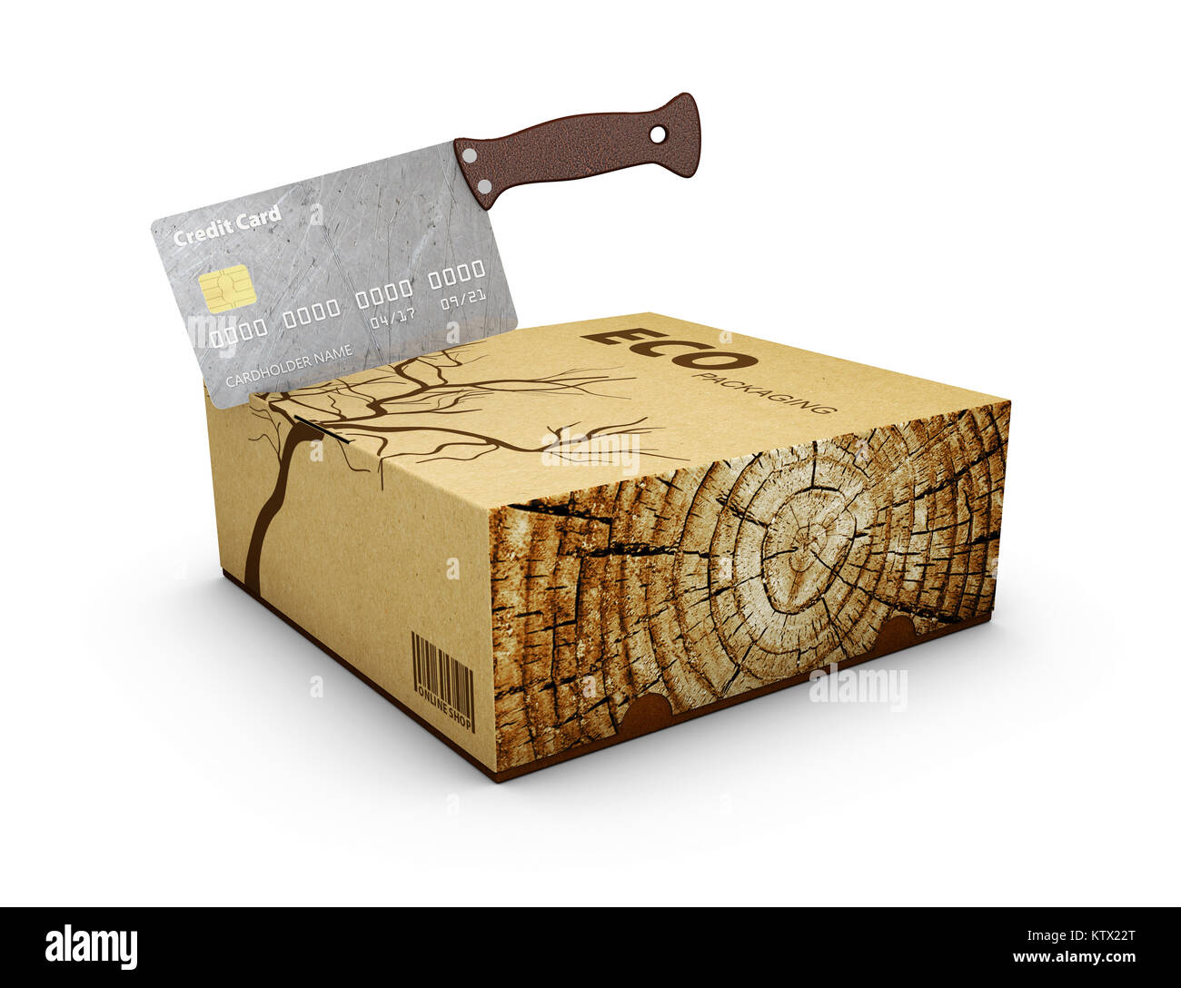 3d Illustration of eco cardboard box with wood sign and machete ...