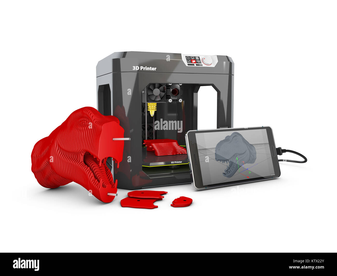 3D printer, smart phone and 3D sample model. 3D Illustration Stock ...