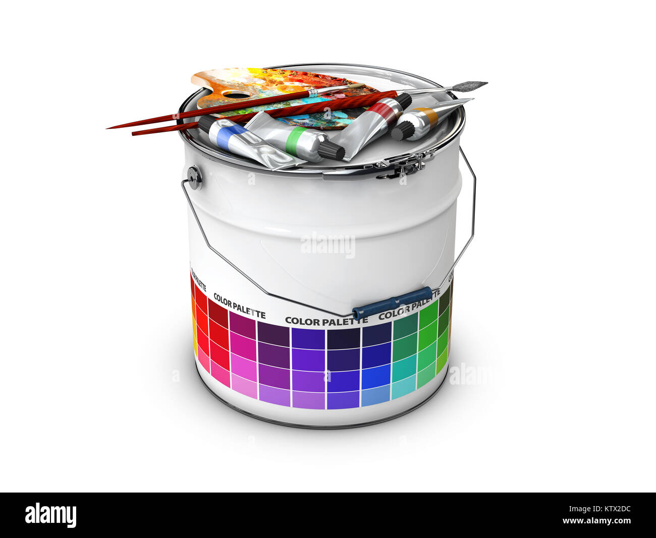 Abstract Bucket with Colored Palette Guide and Drawing set, 3d ...