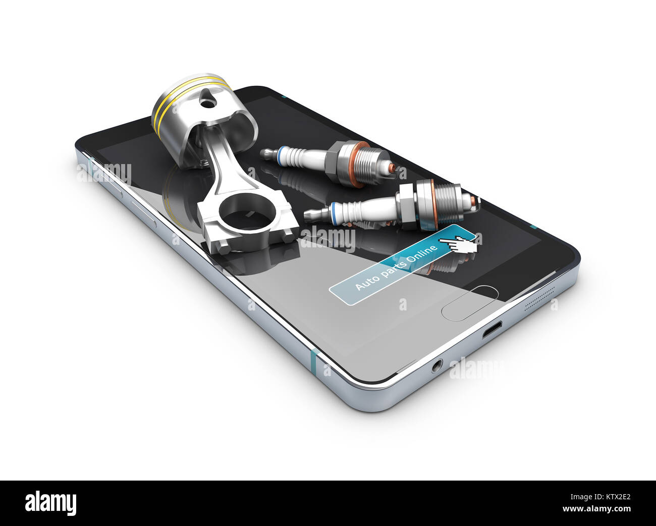 3d illustration of engine piston and spark plugs on the screen of phone ...