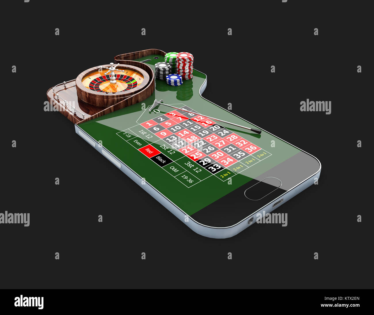 casino roulette wheel with casino chips, on phone screen. 3d ...