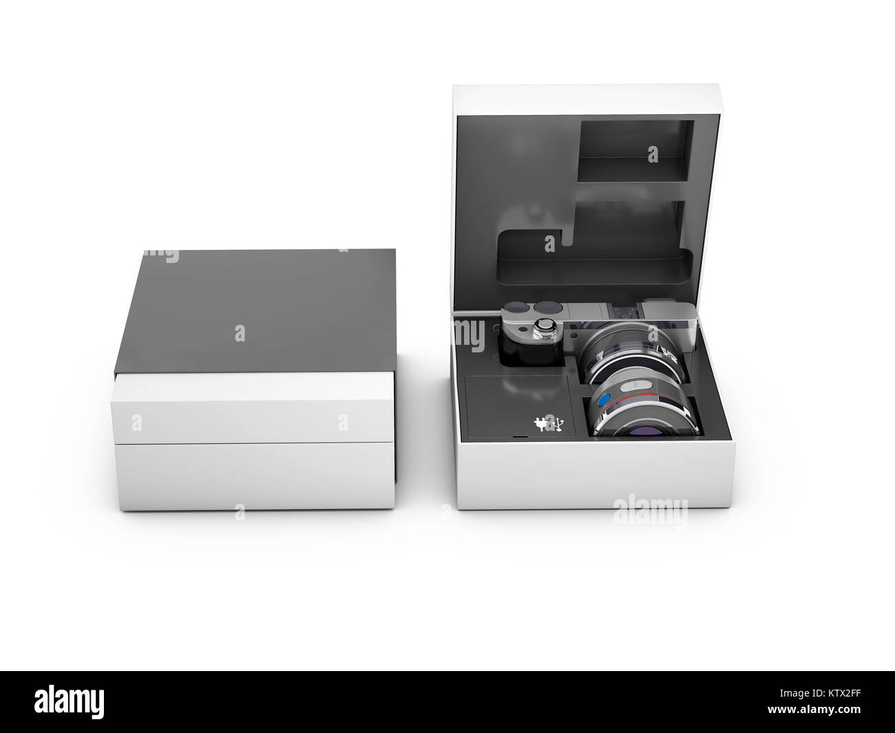 3D Illustraton of Digital photo camera in the box. isolated on white ...