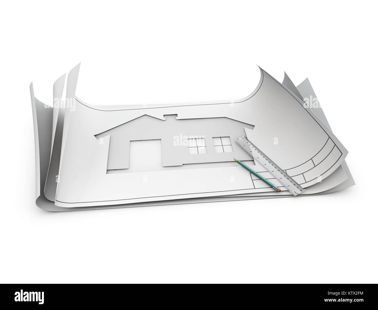 3d Illustration of Top view of architect drawing on architectural ...
