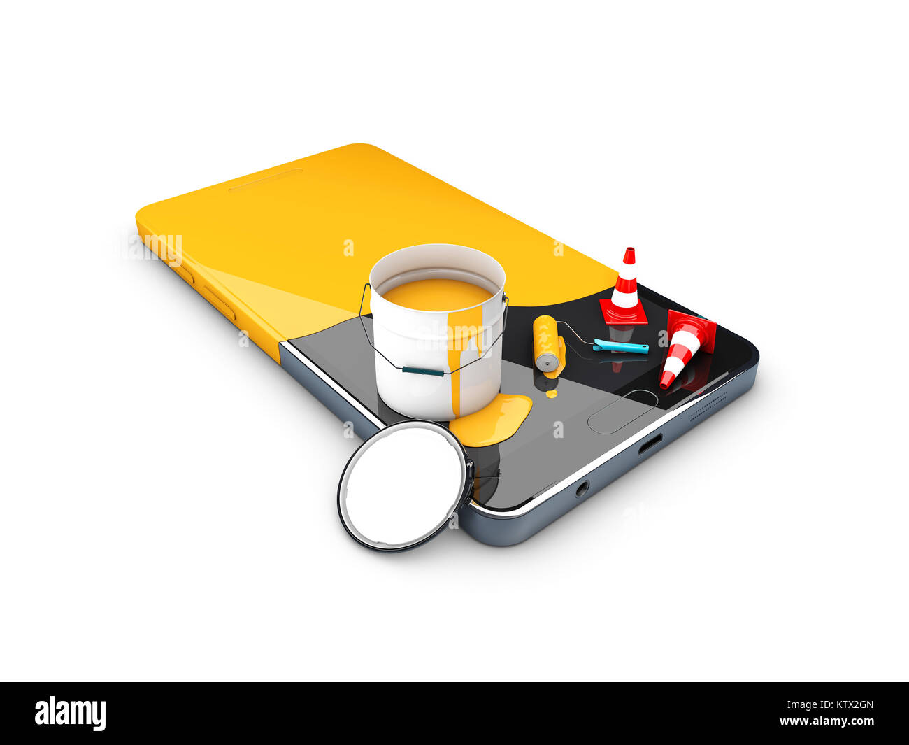 3d Illustration of Painted in yellow phone. concept of recovery or ...