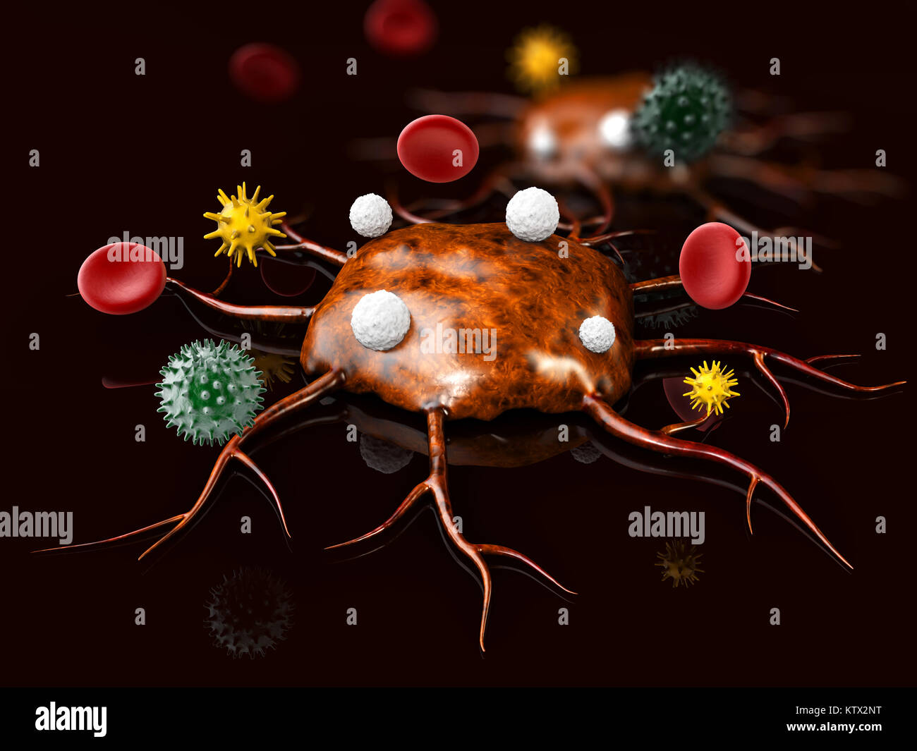 Cancer cells with blood cells and other bacteria, dark background. 3d ...