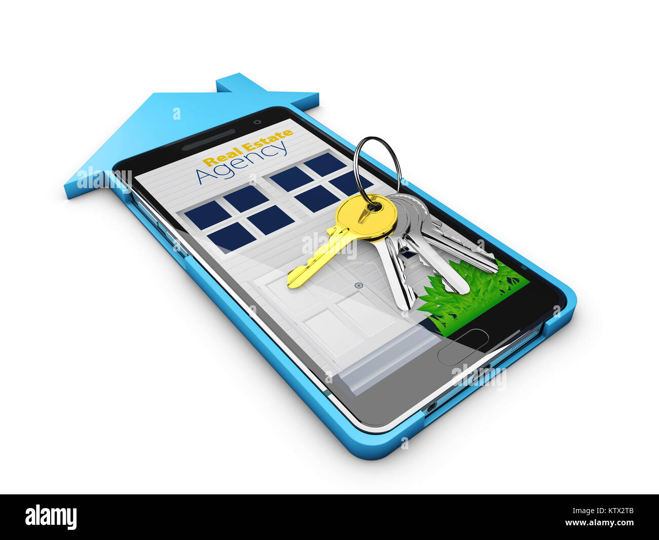 A smartphone with keys on the screen, Real estate marketing online, 3d ...