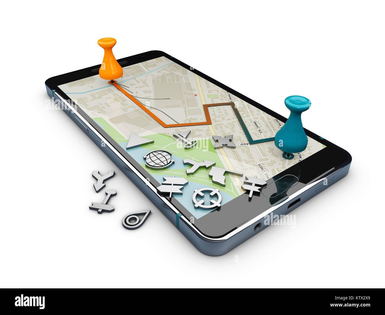 3d illustration of navigation GPS application and navigation signs ...