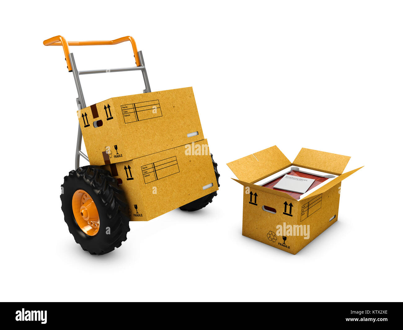3d illustration of hand truck, boxes and one open package. isolated on ...