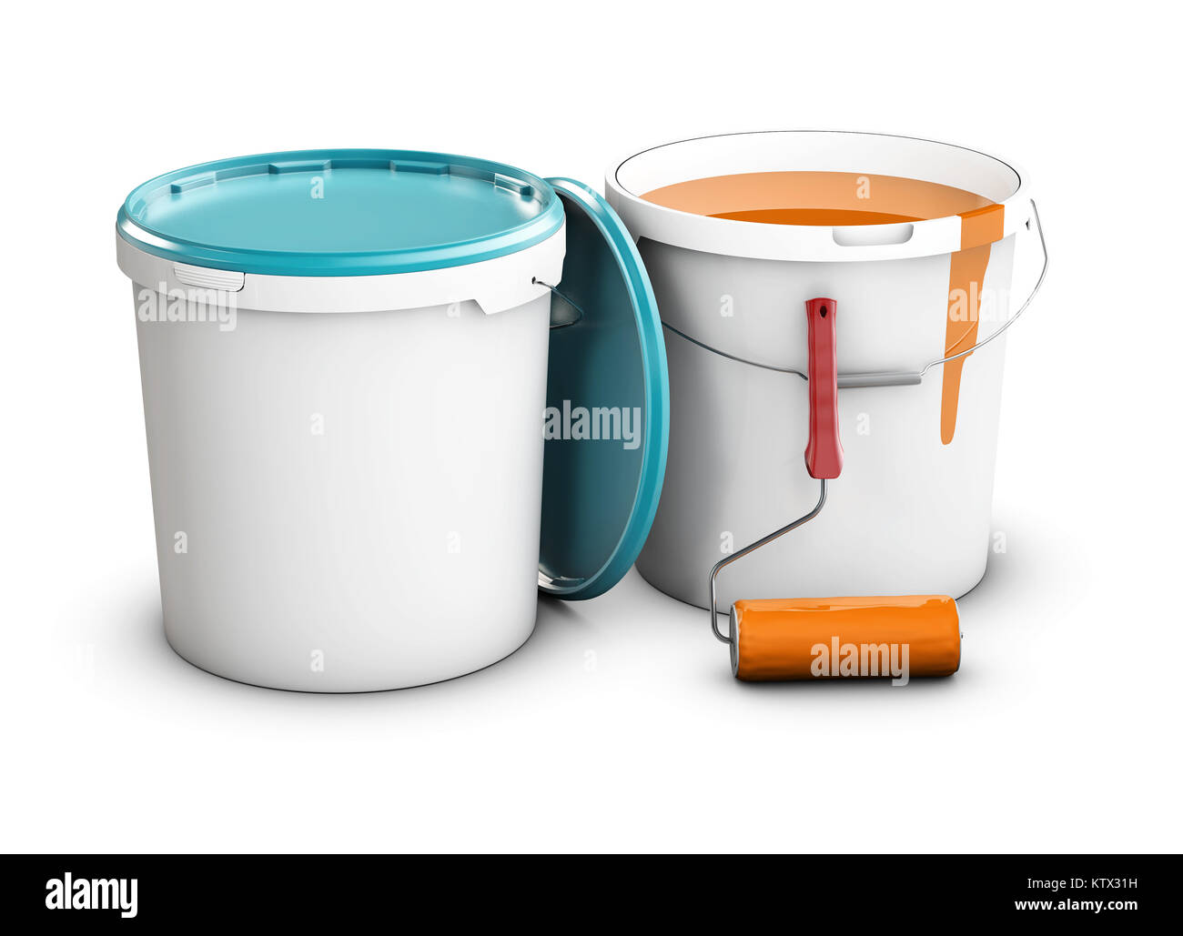 Paint cans and roller isolated on white photo-realistic, 3d ...