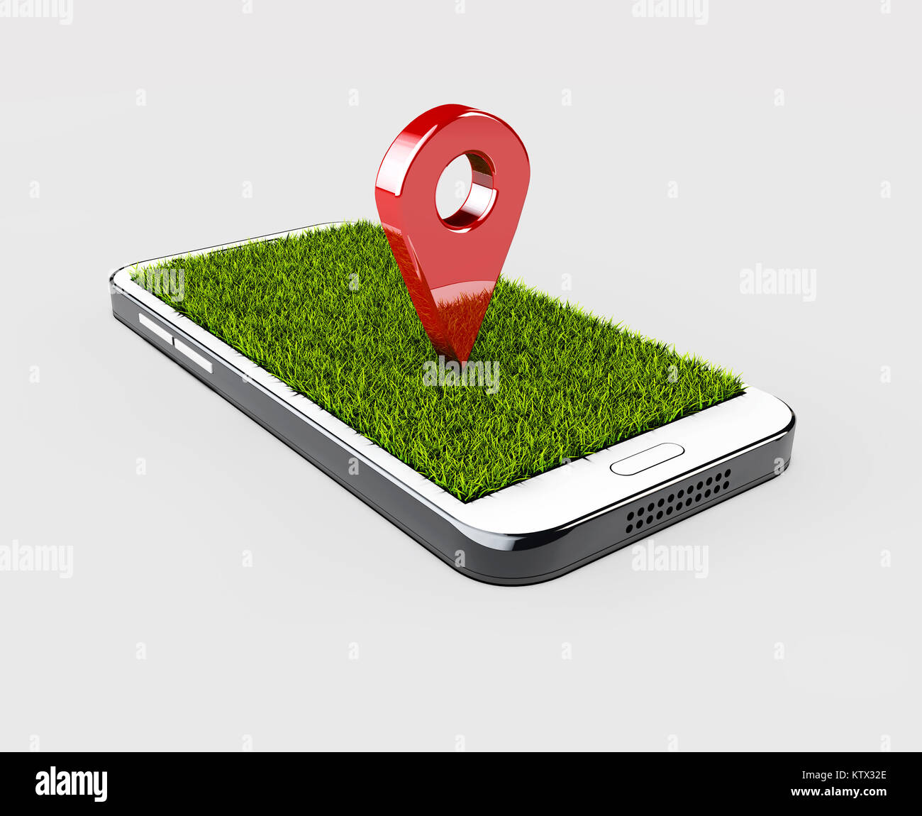 GPS navigator pin red color mock up with grass on gray background, 3d ...
