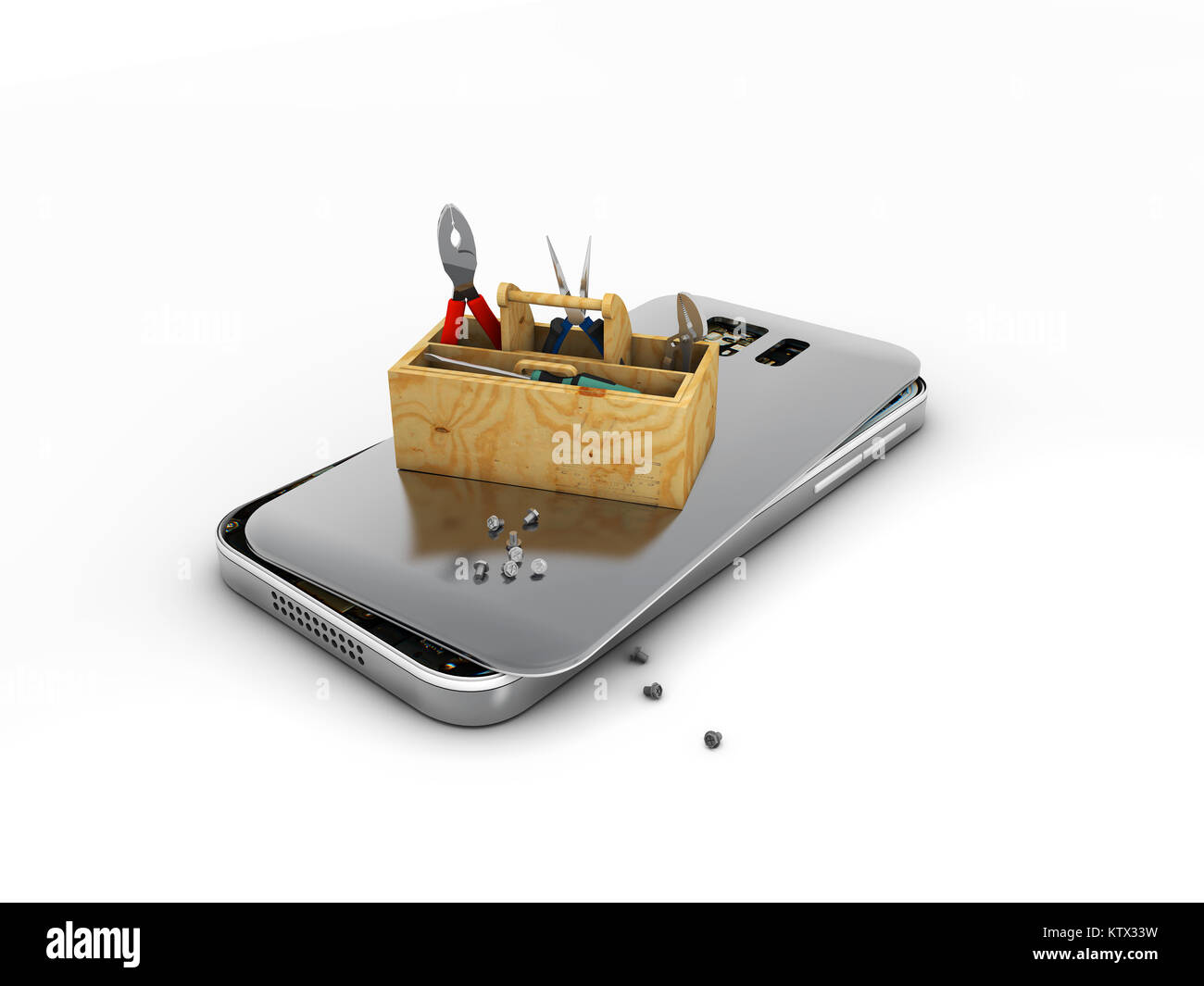 Mobile phone repair. 3D illustration, Broken mobile phone with toolbox ...