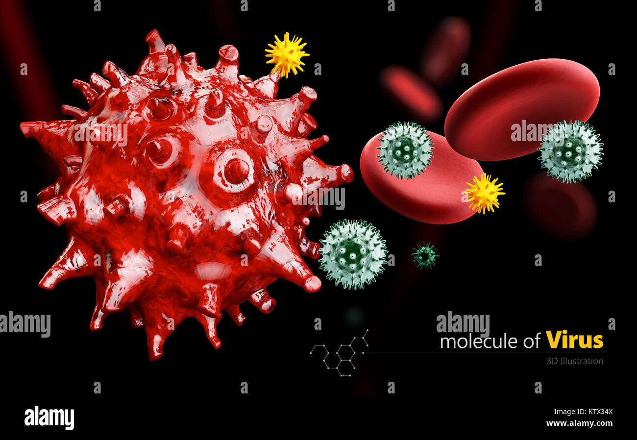 Virus and blood cells. 3d illustration on black background Stock Photo ...