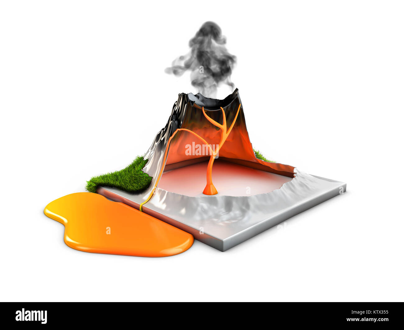 3d illustration. Structure of volcano, grass and eruption lava. hot ...