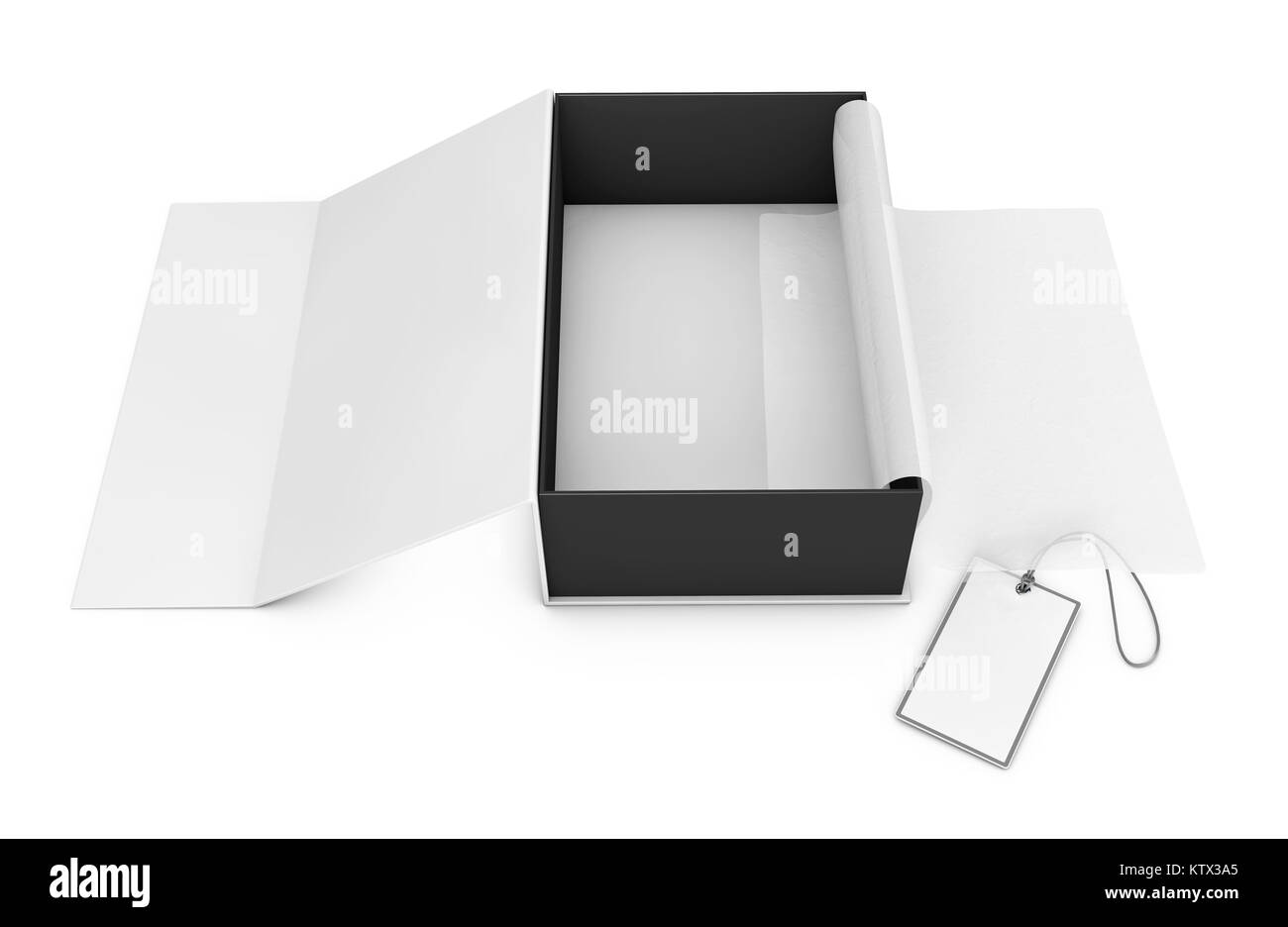 Open Shoes Box with label, 3d Illustration, isolated white Stock Photo ...