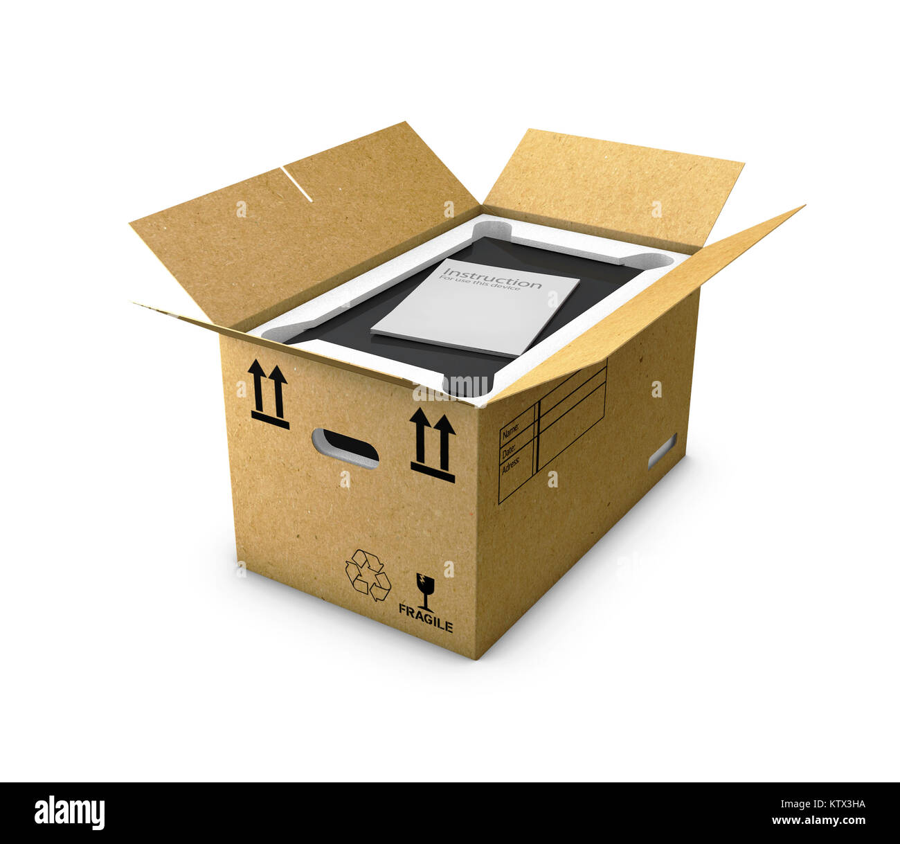 Open cardboard box with the gadget on a white background 3D ...