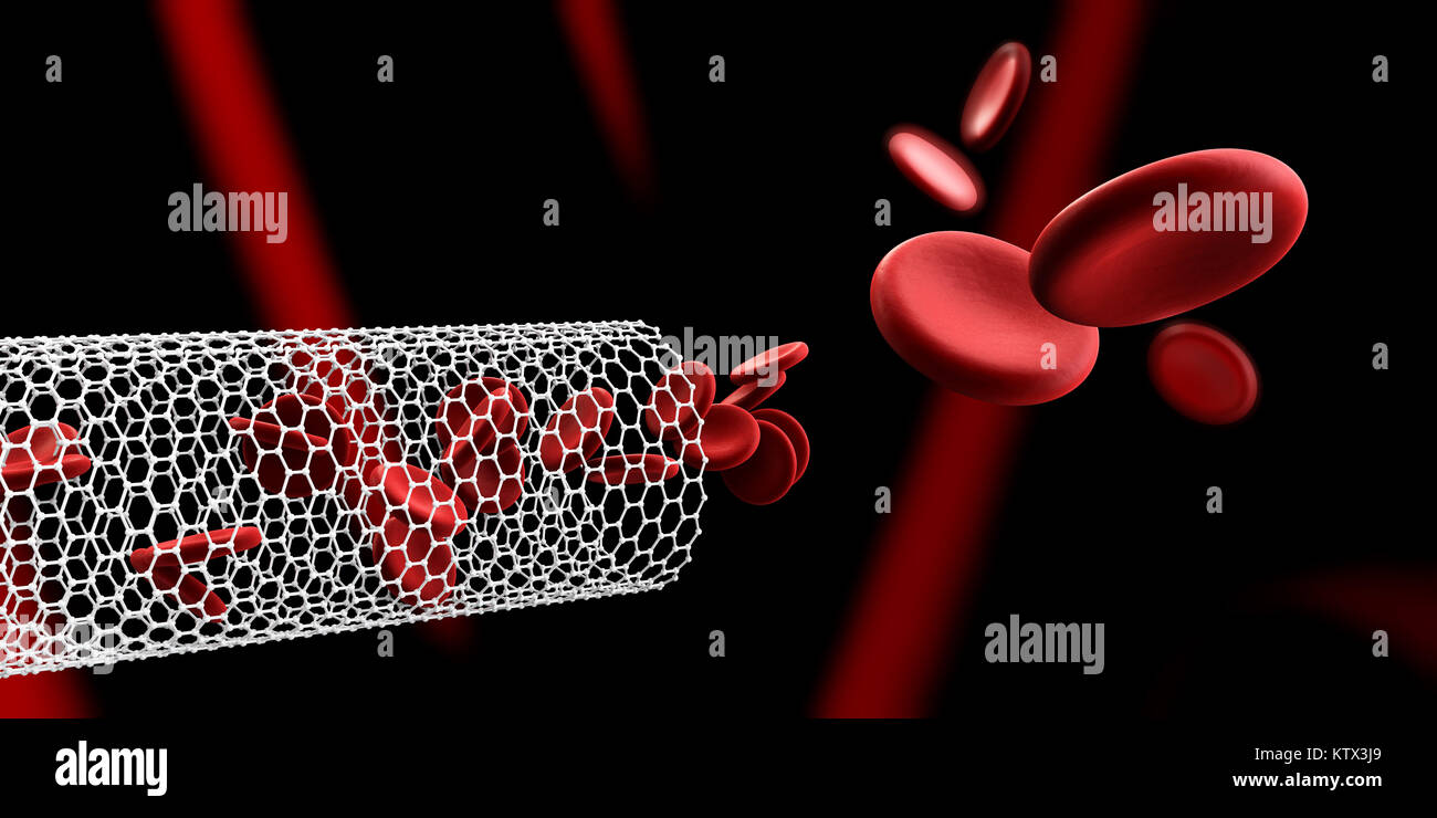Red blood cells in nano tube. Blood elements, 3d Illustration Stock ...
