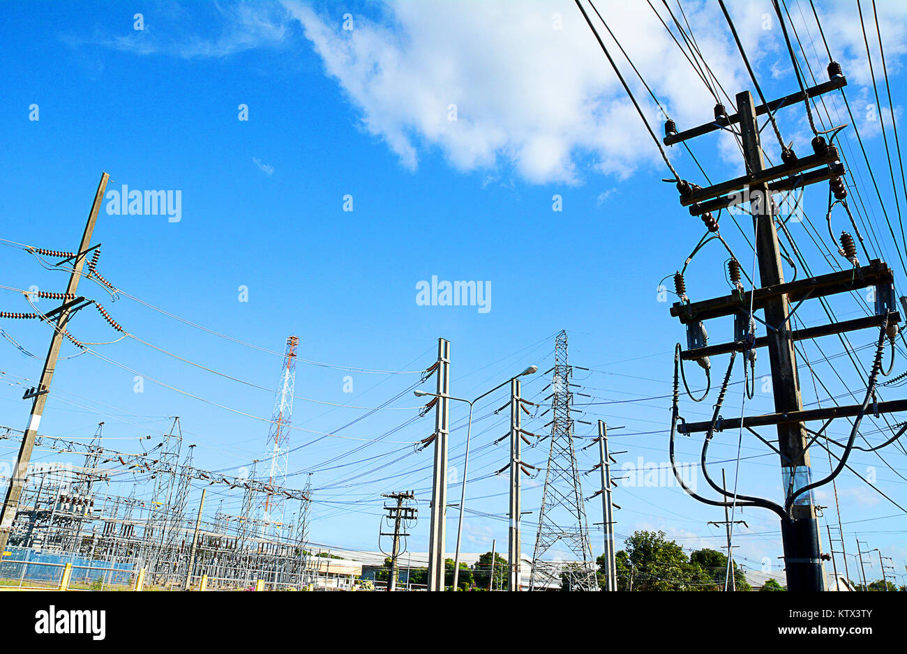 Electricity pylon,Electricity tower station with cloudy and sun over ...