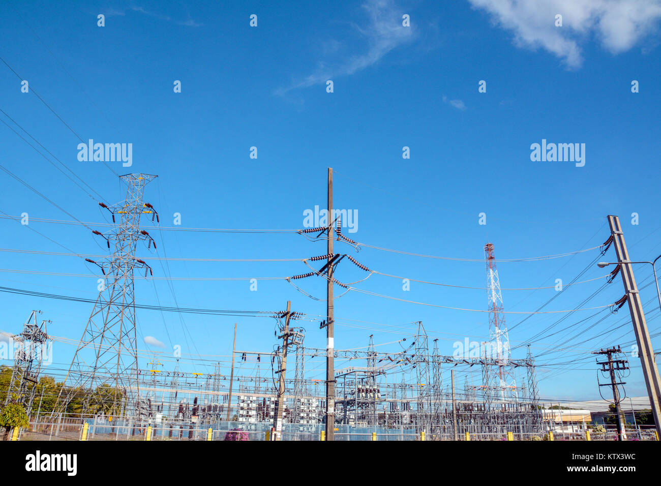 Electricity pylon,Electricity tower station with cloudy and sun over ...
