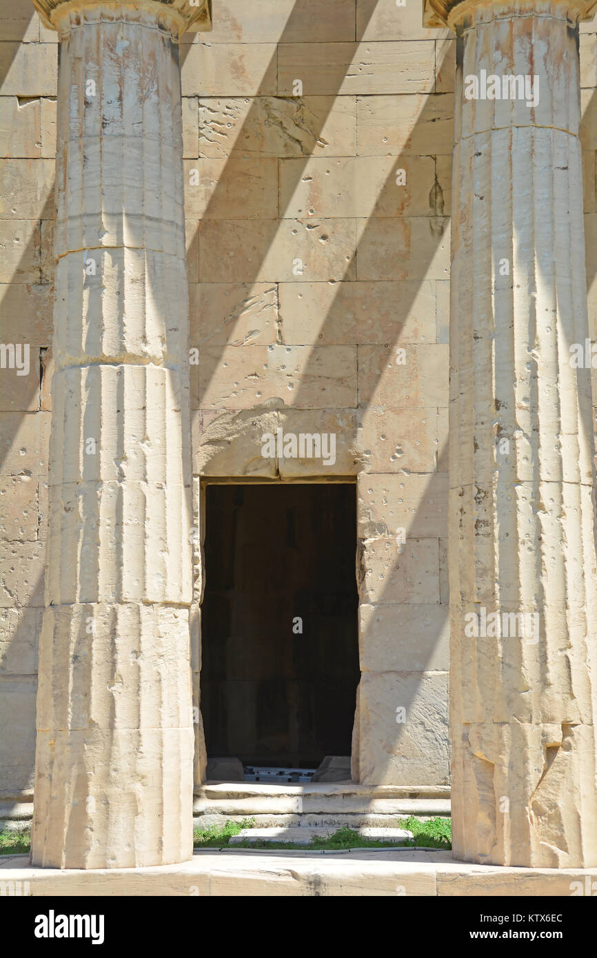 Doorway into the ancient Greek Temple of Hephaestus, framed by two ...