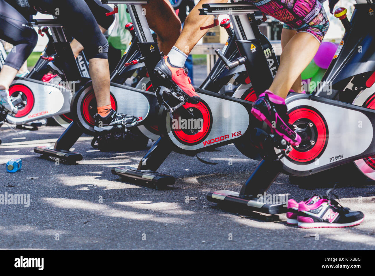Zamora, Spain - September 02, 2017: People perform a spinning session ...