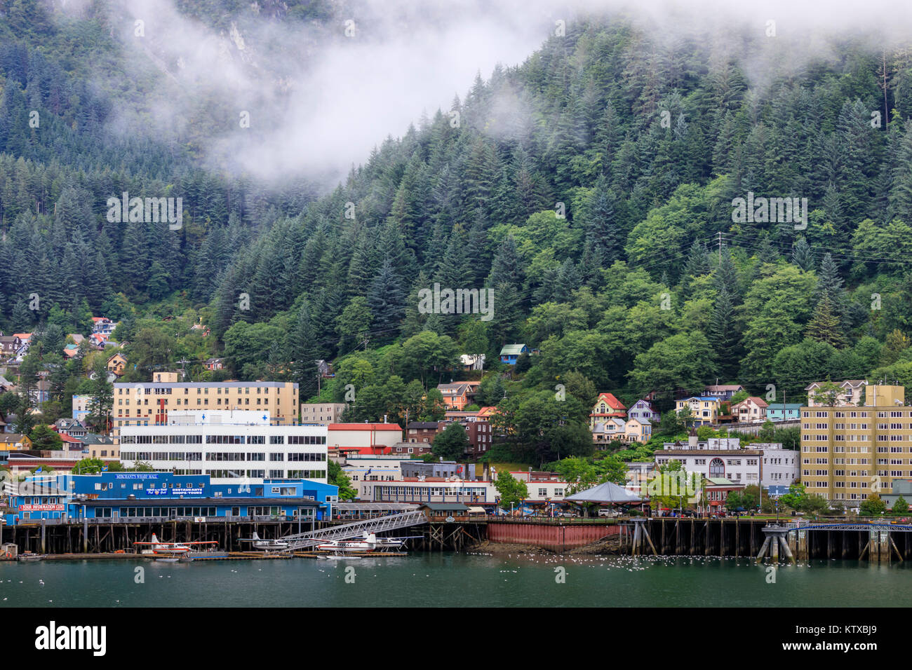 Juneau, State Capital, view from the sea, mist clears over downtown ...