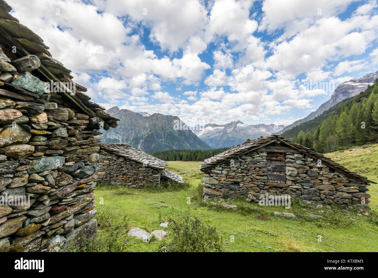 Typical alpine stone huts, Entova Alp, Malenco Valley, Sondrio province ...