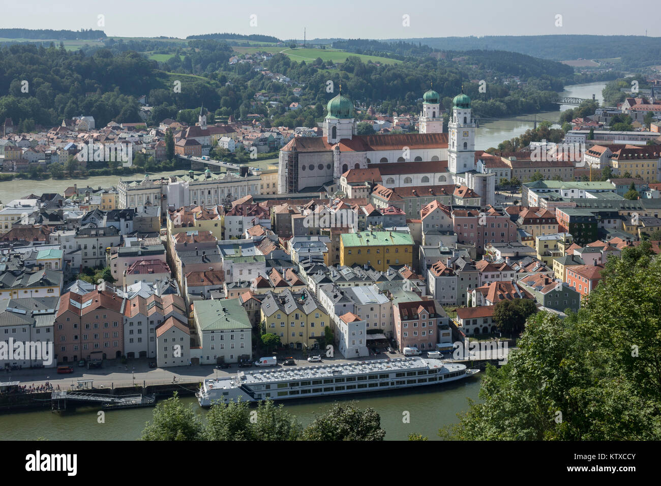 Aerial view of Passau, with River Danube in foreground and River Inn in ...
