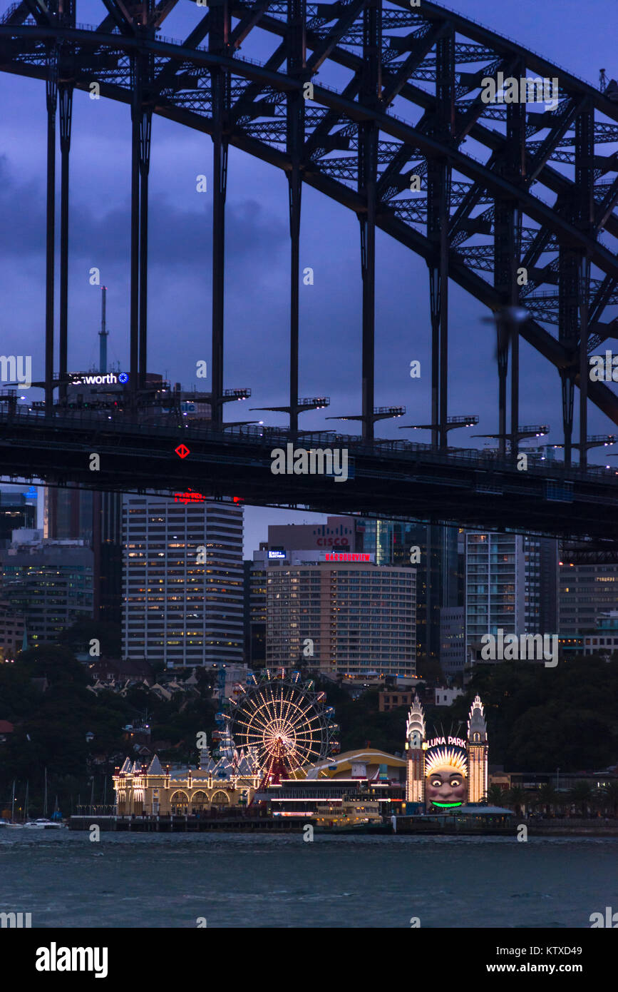 Sydney Harbour Bridge with Luna Park amusement park on North shore ...
