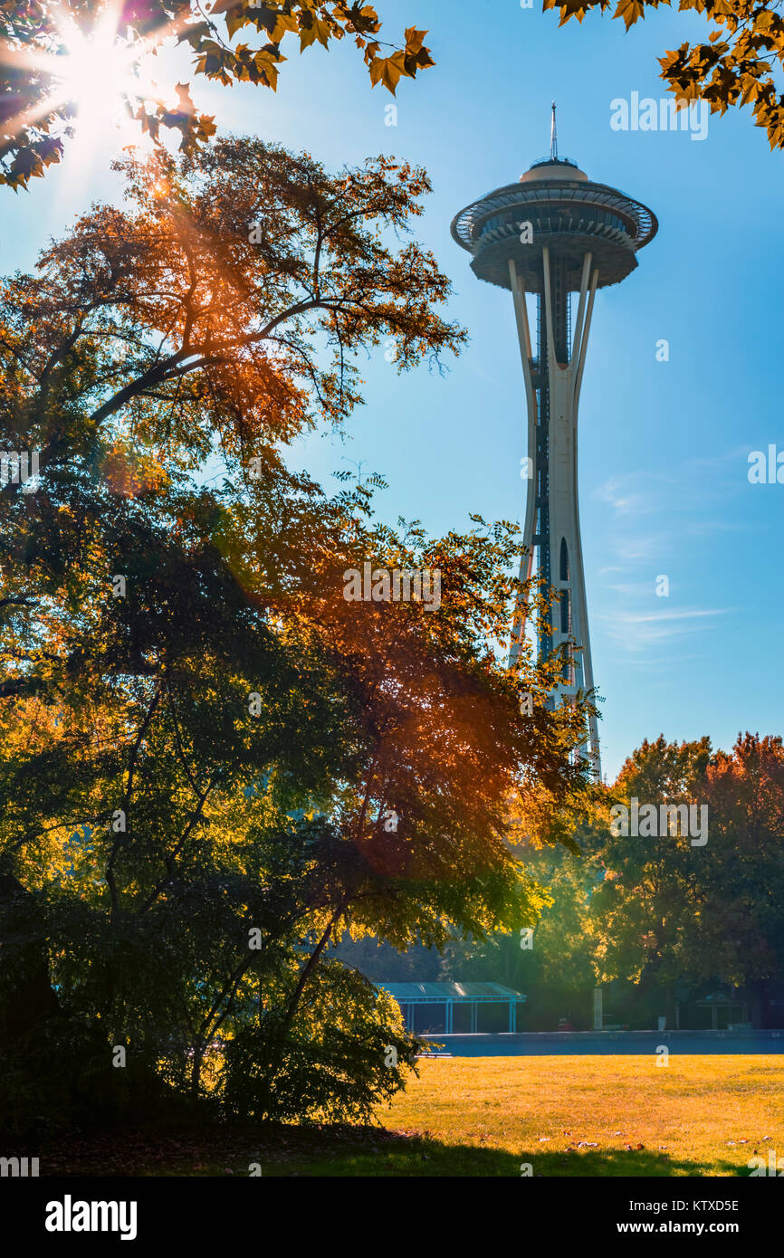 Space Needle from Seattle's International Fountain park in autumn ...