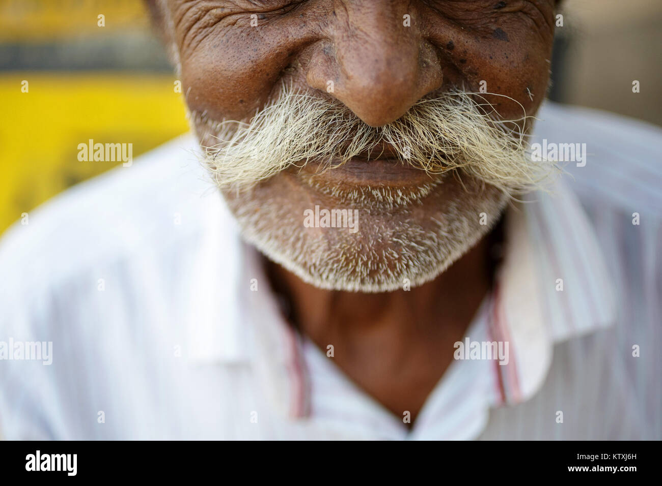 Senior indian man with big mustache in white wearing white turban ...