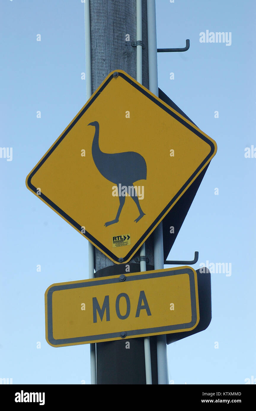 Tongue-in-cheek sign warning about moas on the road near Bealey ...