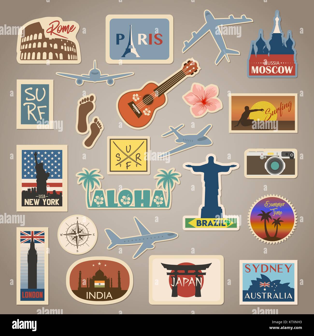 Vector travel sticker and label set with famous countries, cities ...