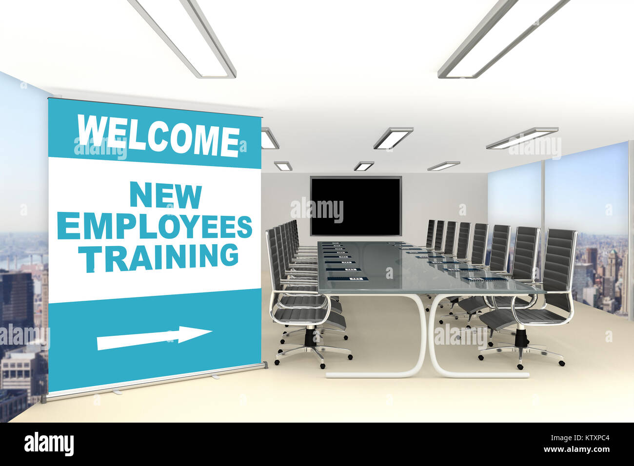 3D illustration of WELCOM NEW EMPLOYEES TRAINING title on a wide rollup ...