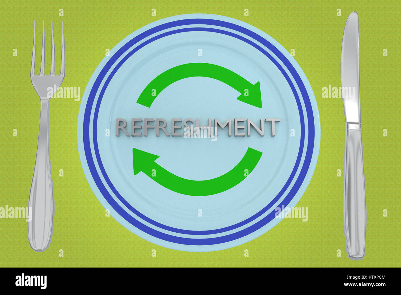 3D illustration of REFRESHMENT title and symbol, on a pale blue plate ...