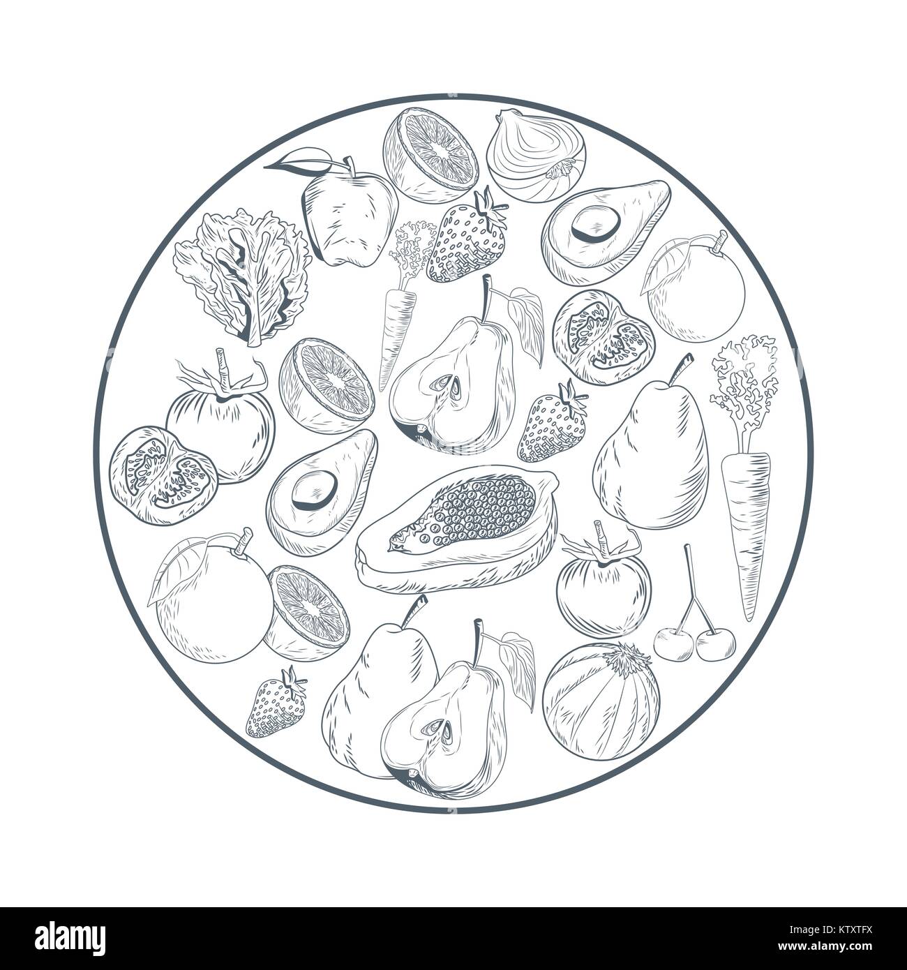 Vegetables and fruits round frame hand draw Stock Vector Image & Art ...