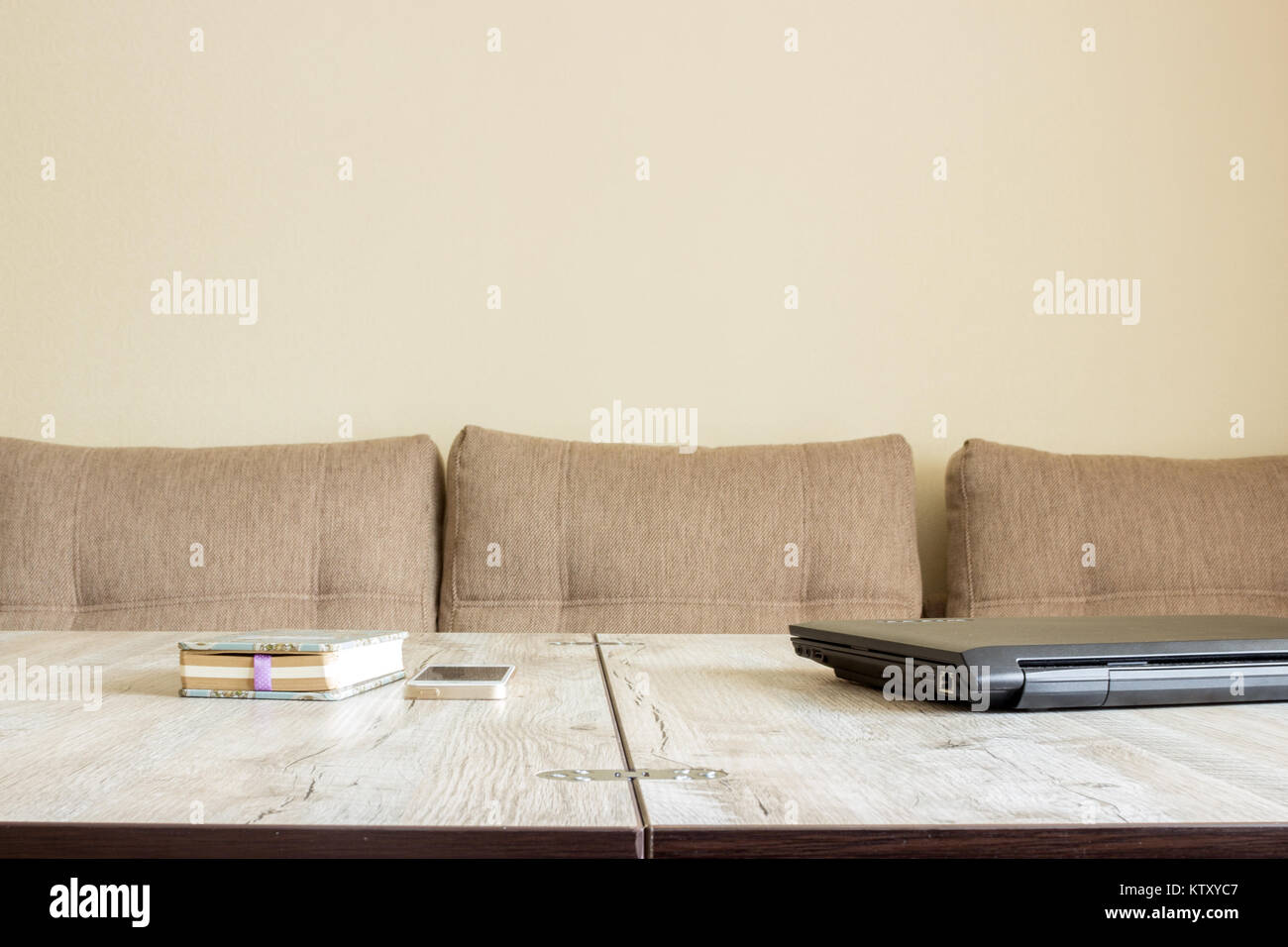 Working place, home desk, Laptop, phone, notebook Stock Photo - Alamy