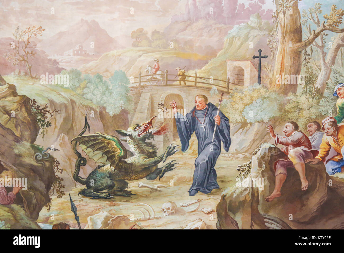 Fresco of Saint Magnus or Mang, expelling a dragon from the land he ...