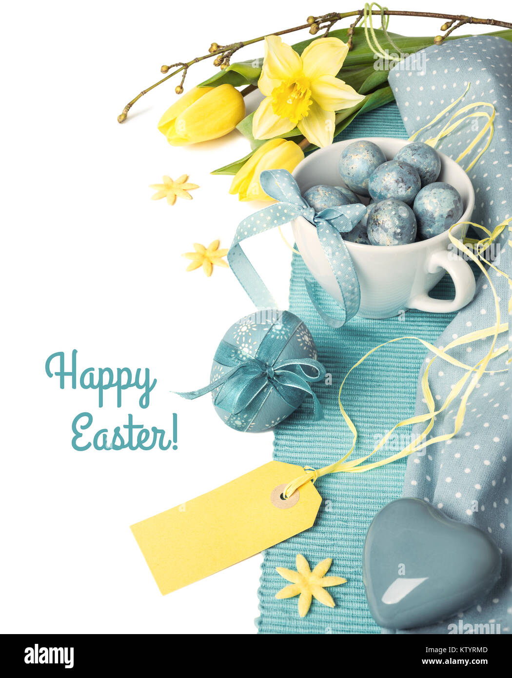 Easter border with yellow flowers and blue spring decorations, space ...