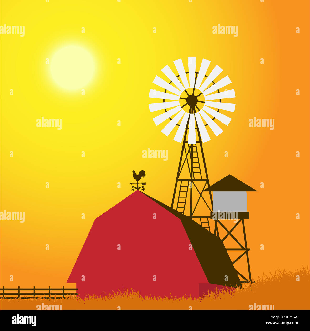 Farm windmill, barn, fence, house, field Stock Photo - Alamy